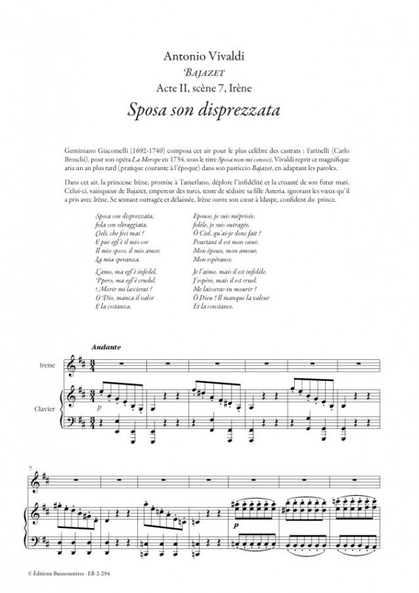 Scop Les Editions buissonnieres - VIVALDI : Sposa son disprezzata, chant et clavier